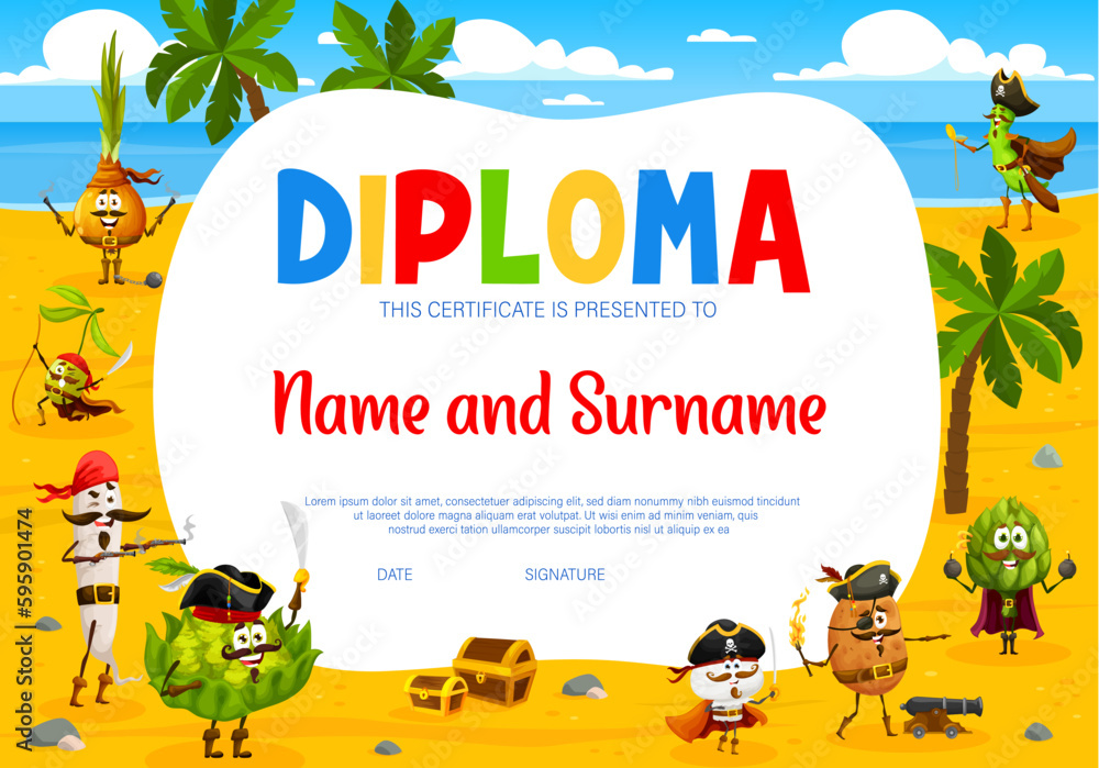 Kids diploma cartoon vegetable pirates and corsairs characters. Vector ...