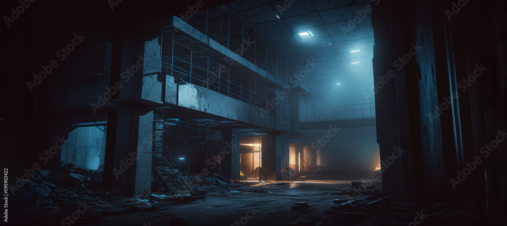 Inside a dark and dim abandoned building or public facility. Dark and ...