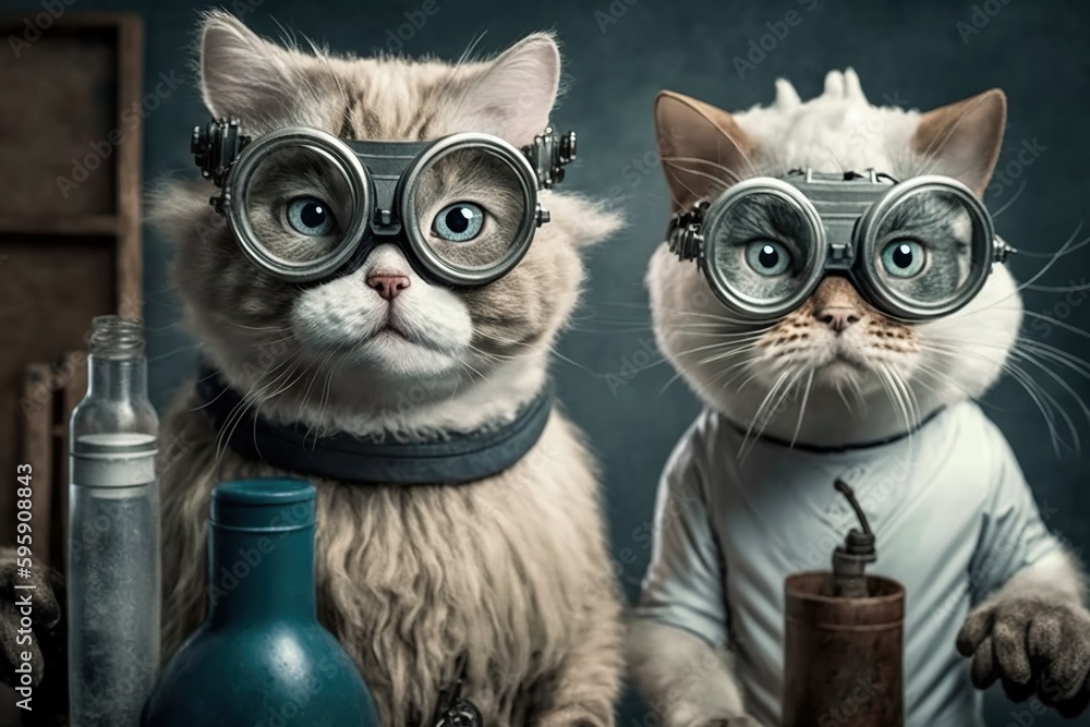 Cats dressed as scientists frightened in shock from a experiment ... Cats dressed as scientists frightened in shock from a experiment ...