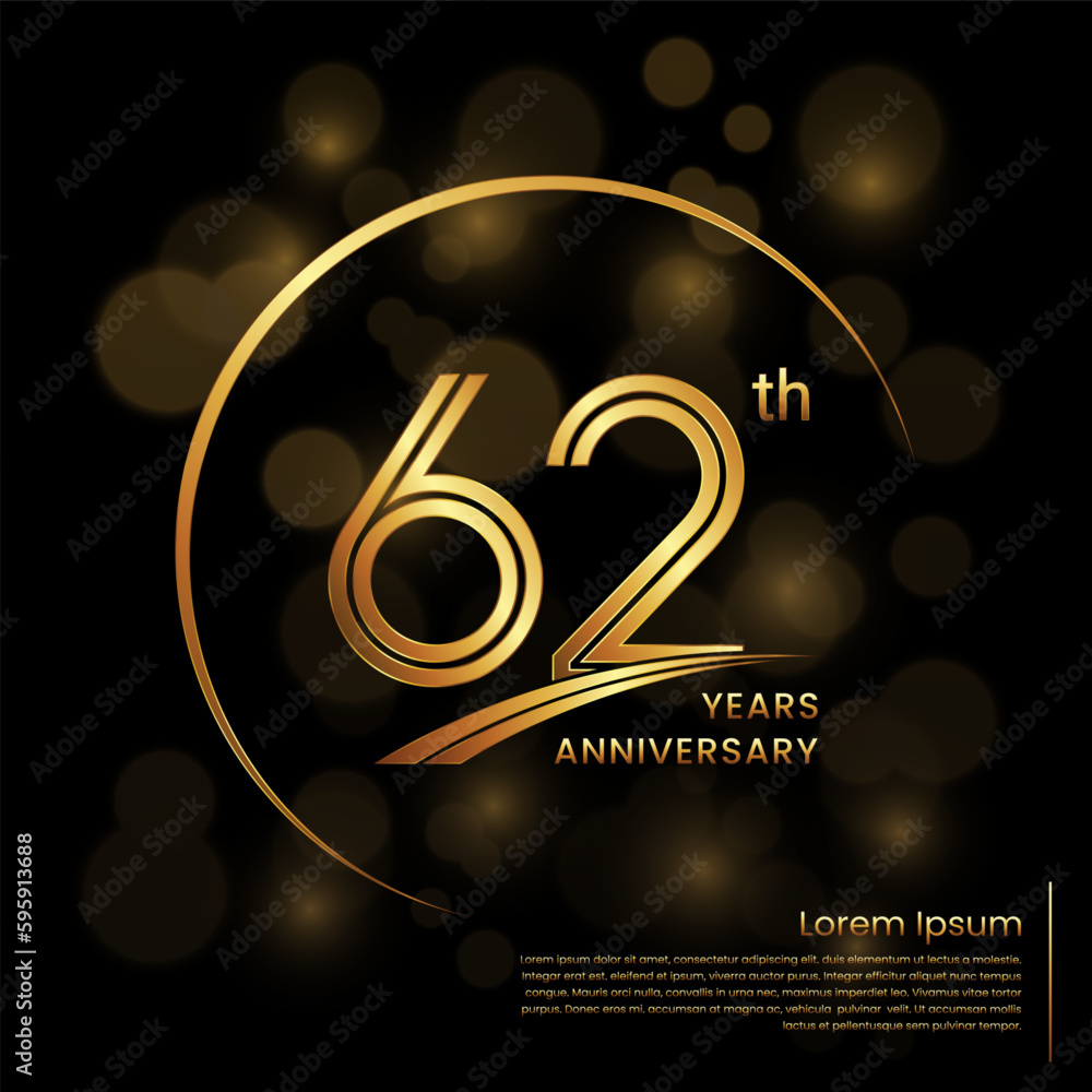 62th Anniversary logo design with double line numbers. Golden color ...