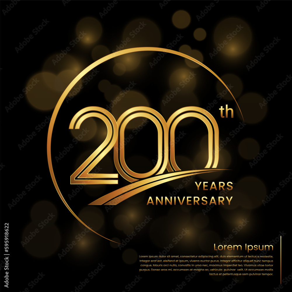 200th Anniversary logo design with double line numbers. Golden number ...