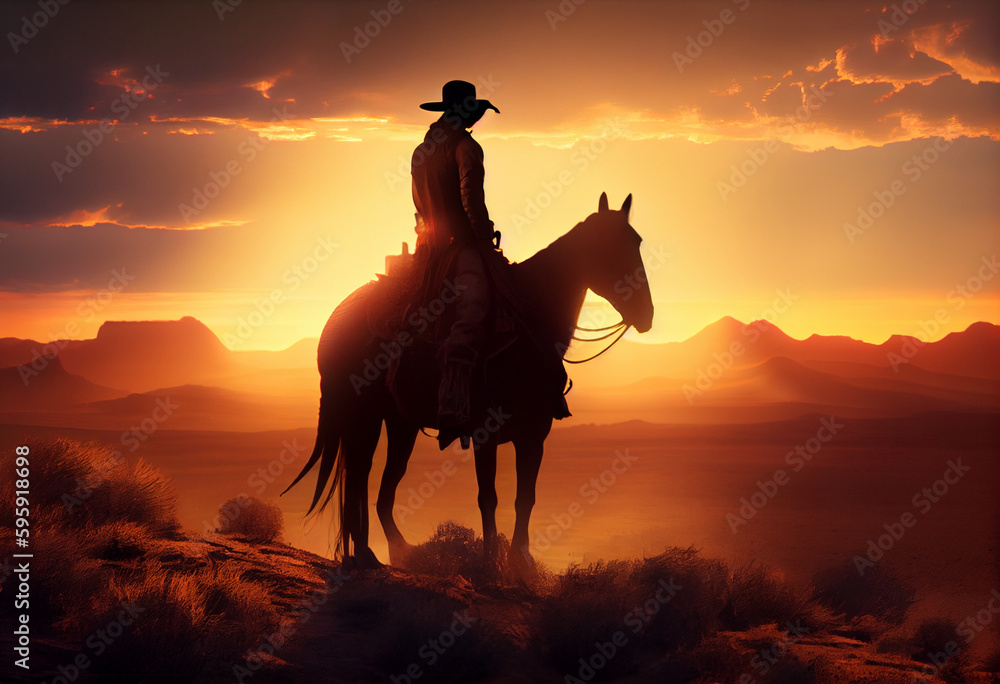 A lone rider on horseback stands silhouetted against the setting sun ...