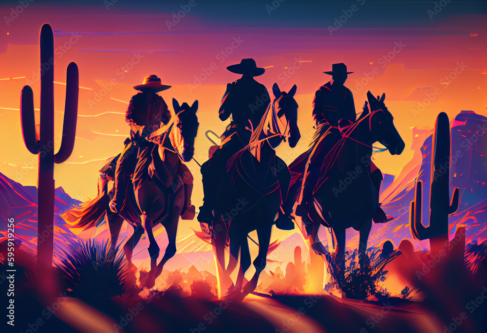 The image captures a group of rugged cowboys riding their horses across ...