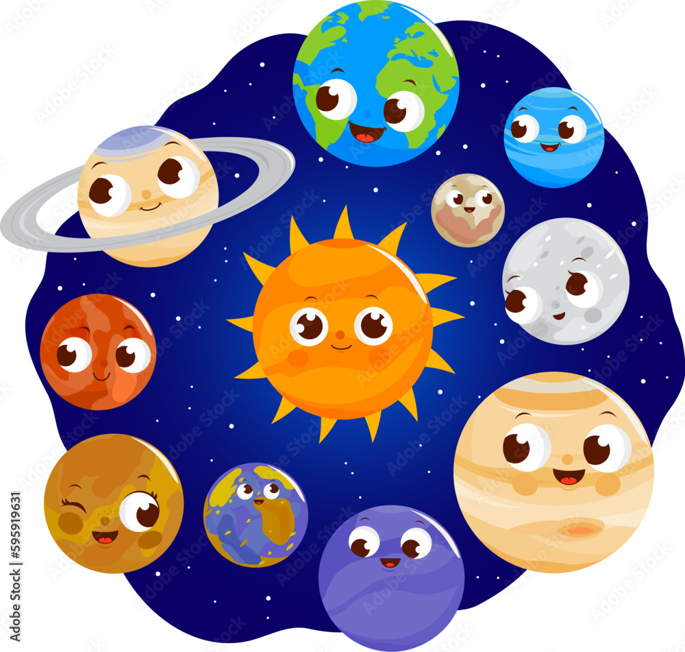 Cute planet characters of solar system in space. Vector illustration ...