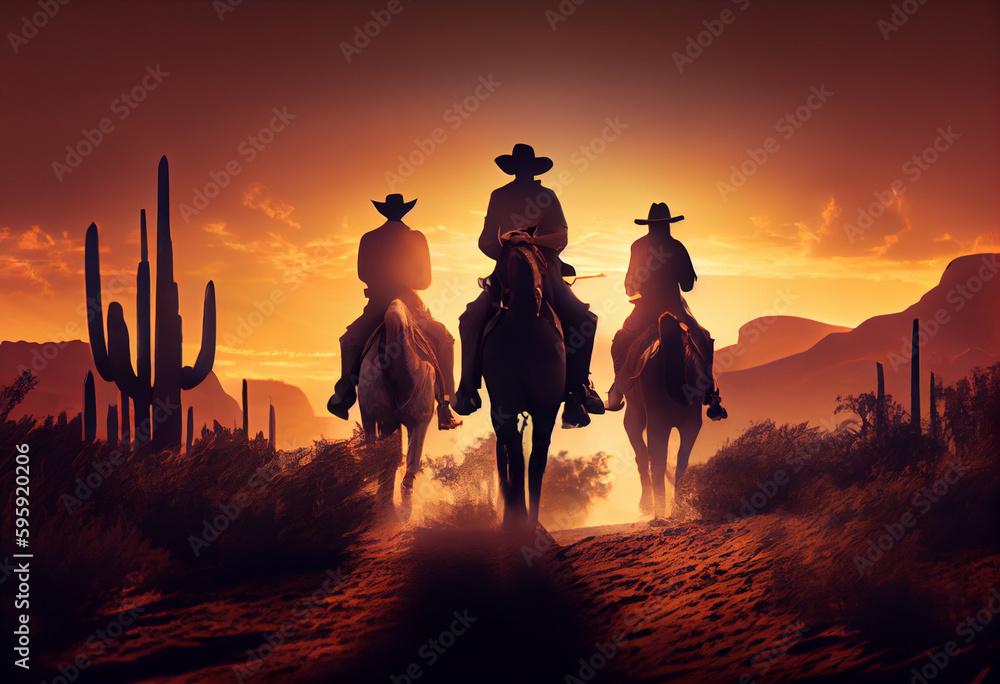The image captures a group of rugged cowboys riding their horses across ...
