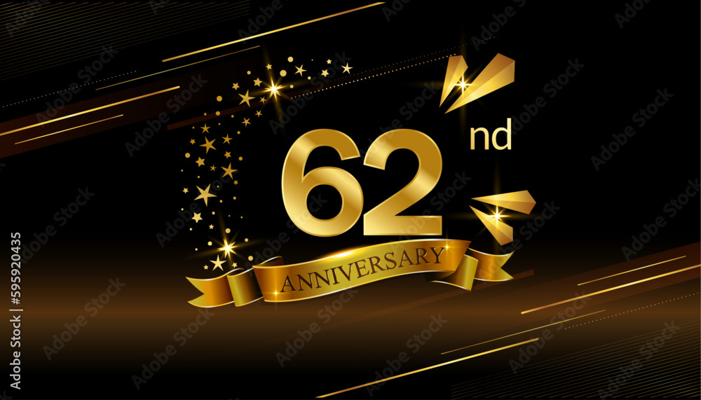 62nd anniversary logo with golden ring, confetti and Gold ribbon ...