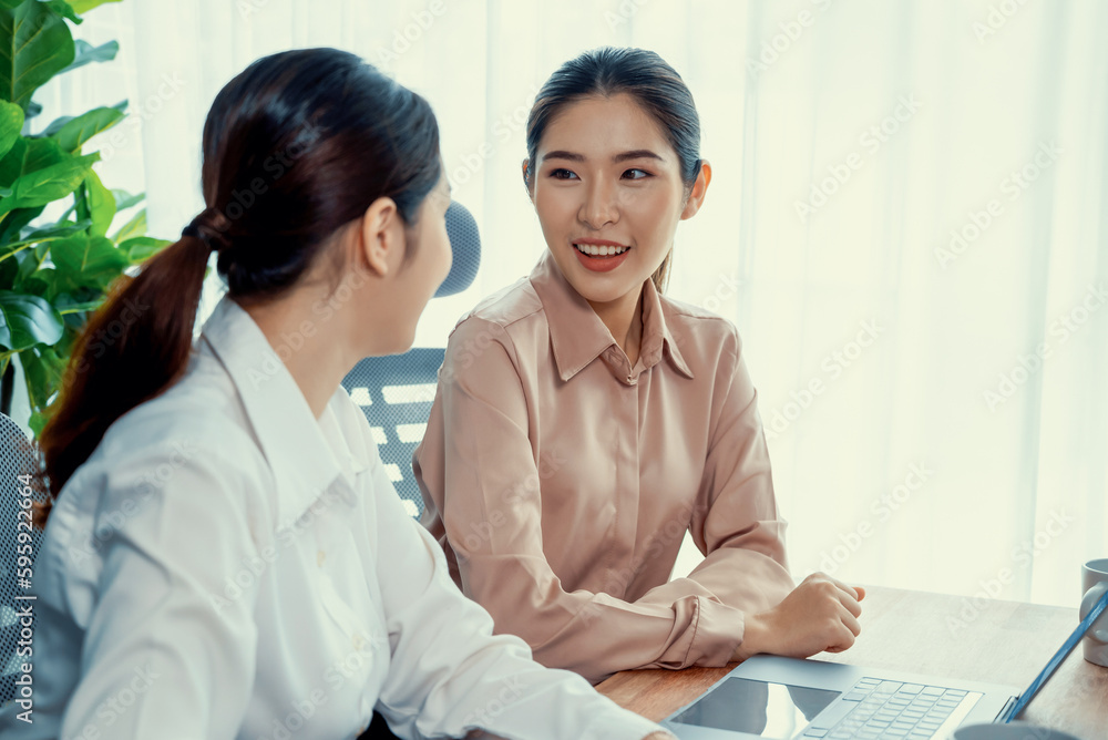Two young office lady colleagues collaborating in modern office ...