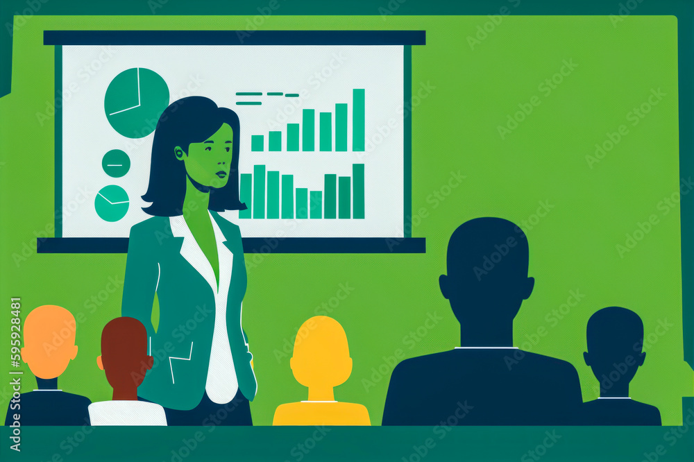 Person presenting in front of an audience, in a simple and bold style ...