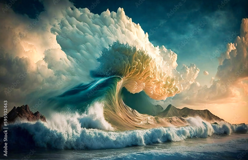 Abstract stylized ocean waves and clouds. Created with Generative AI technology. Stock ...