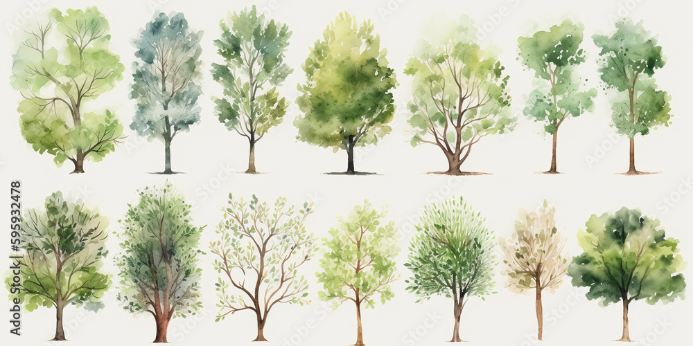 watercolor tree collection. Set of hand drawn trees. forest tree pack ...