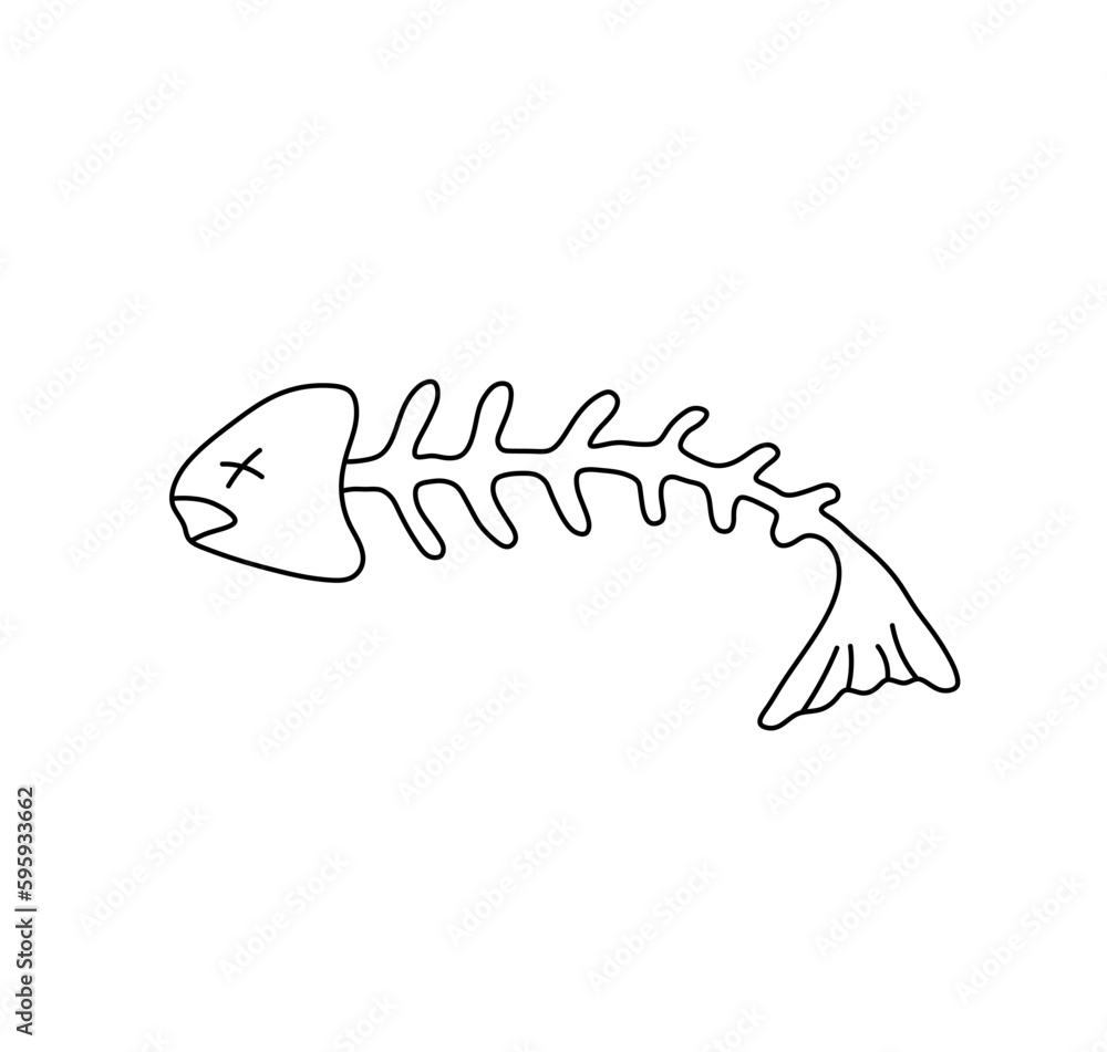 Vector isolated one single fish skeleton bones dead colorless black and ...