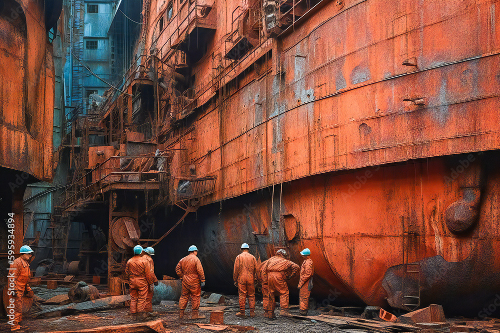 Old rusty ship under repair on dry dock. Created with Generative AI ...
