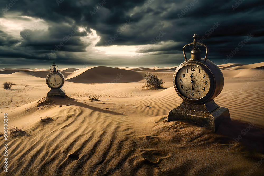 Old clocks on desert dunes at sunset. Surreal time metaphor composition ...