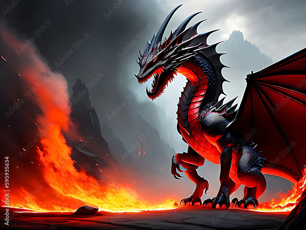 Generative ai dragon monster in volcano Stock Illustration | Adobe Stock