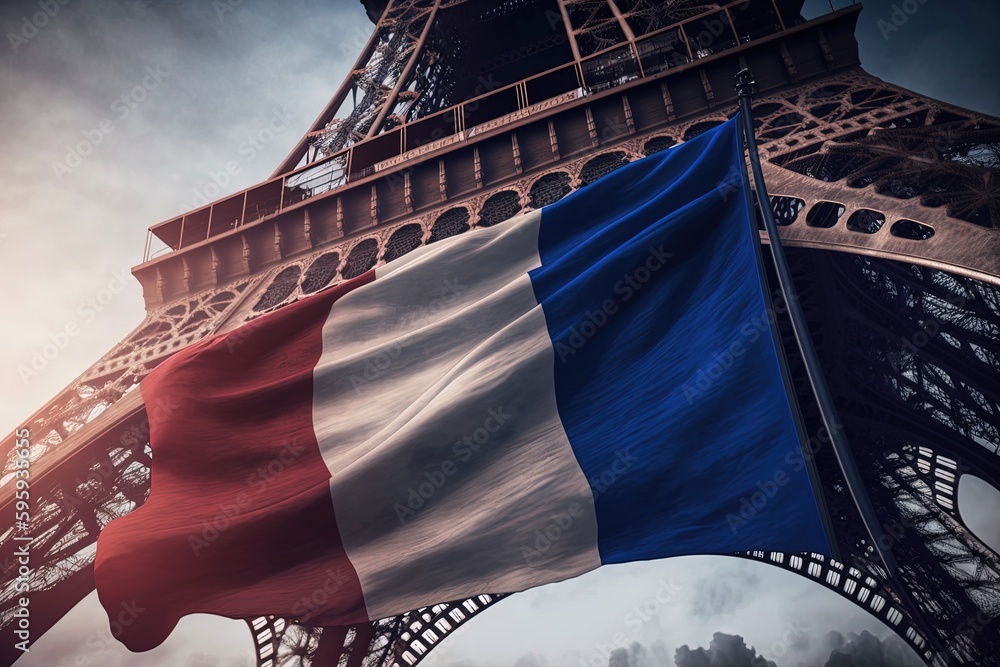 French flag waving on the bottom of the eifeltower, French national day ...