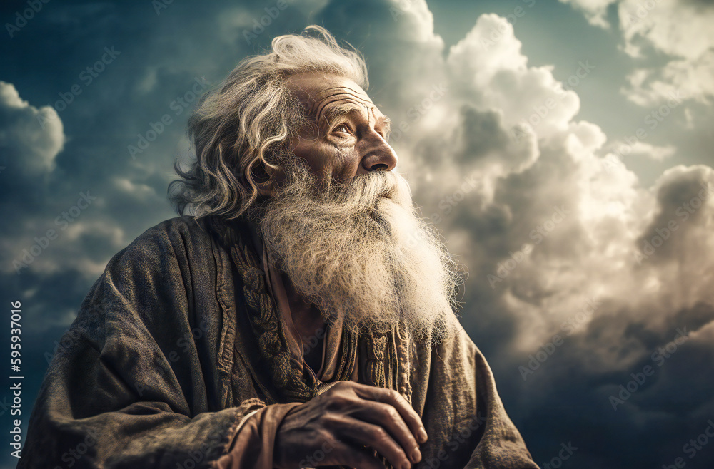 Old man with a beard, with a stormy sky in the background. Visionary ...