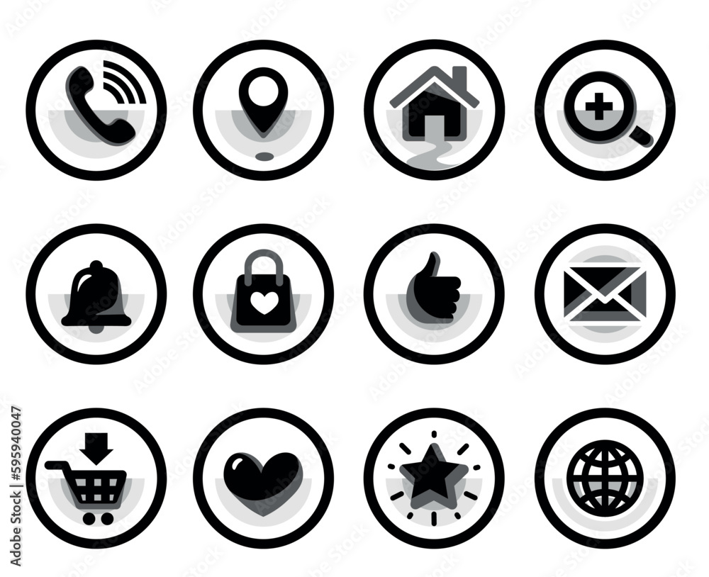 Vector buttons, modern icons in black circle. Web signs for web page ...