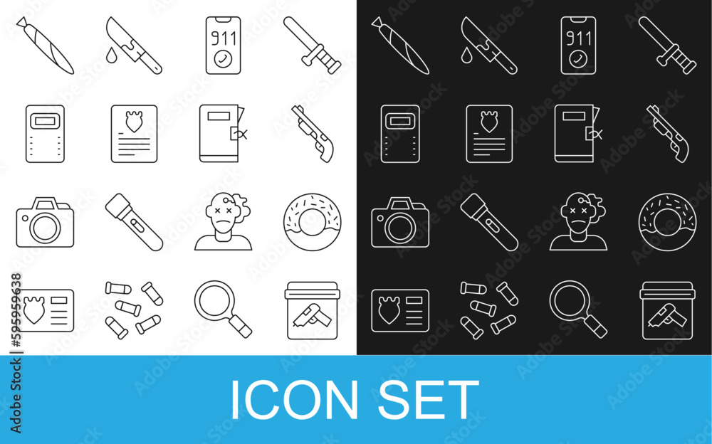 Set line Evidence bag with gun, Donut, Police shotgun, Telephone call ...