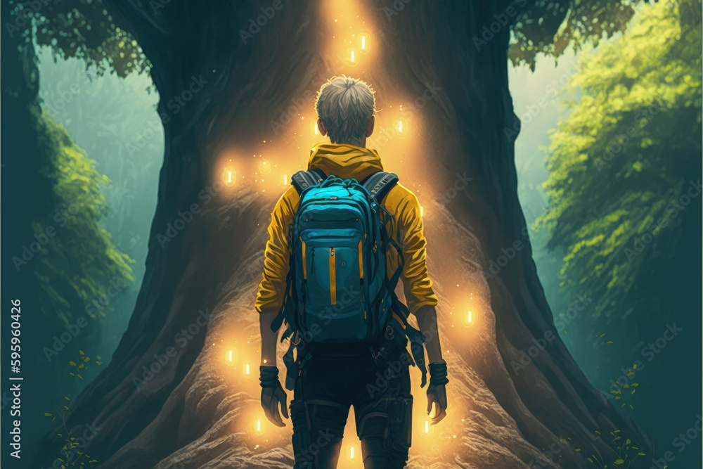Backpacker standing atop colossal tree teeming with twinkling fireflies ...