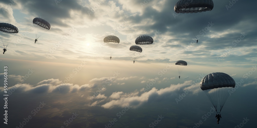 Parachuting. Action sport. Paratroopers or parachutist free-falling and ...