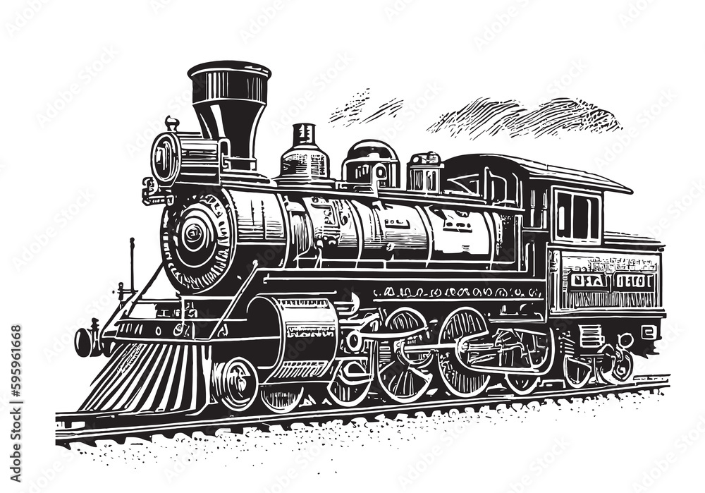 Vintage steam locomotive on white background hand drawn sketch in ...