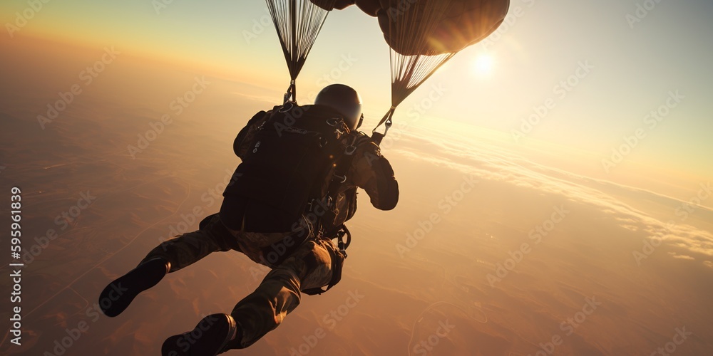 Parachuting. Action sport. Paratroopers or parachutist free-falling and ...