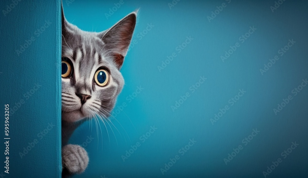 Frightened cat peeks out from behind a corner on a blue background ...