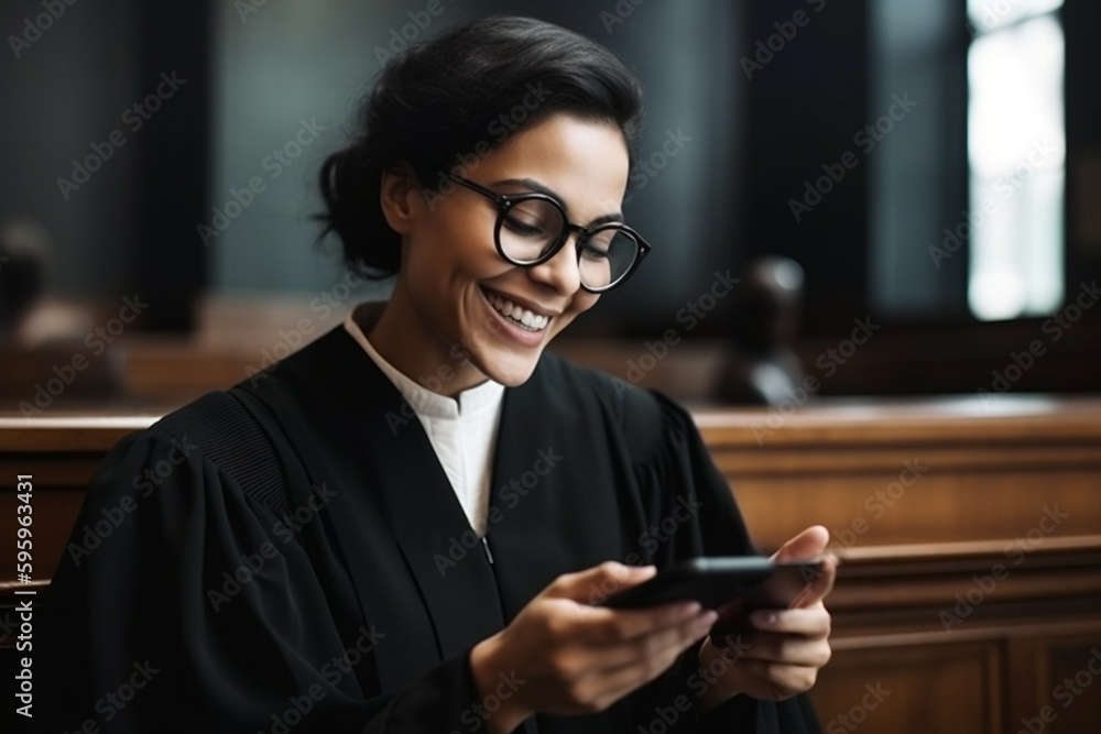 smiling african woman judge with a cell phone in the courtroom, created ...
