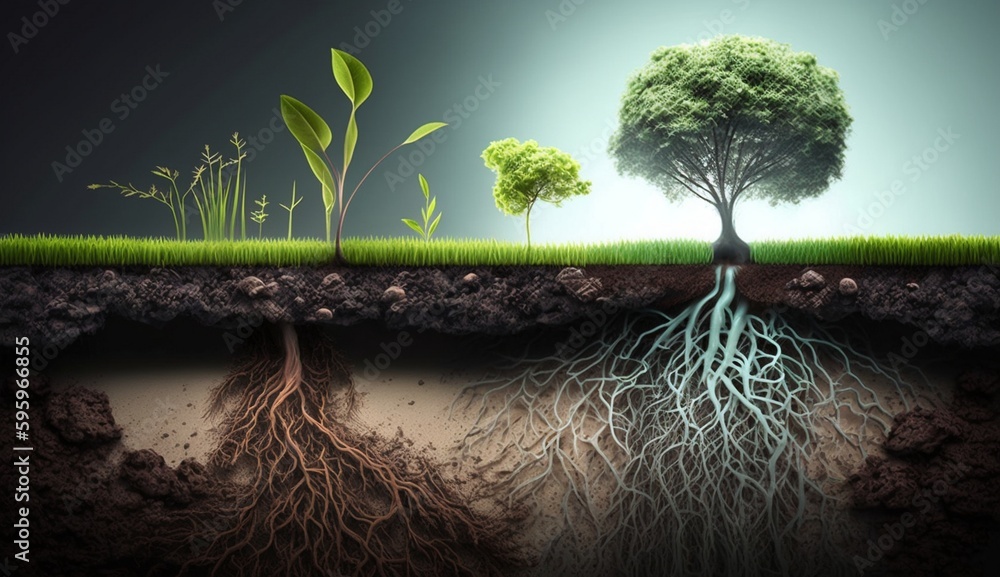 Plants growing on the surface and roots underground, earth section ...