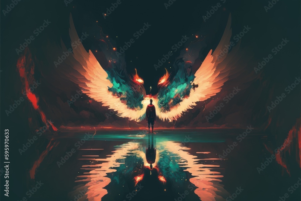 male with wings resembling a cherub appears as demon in aquatic mirror ...