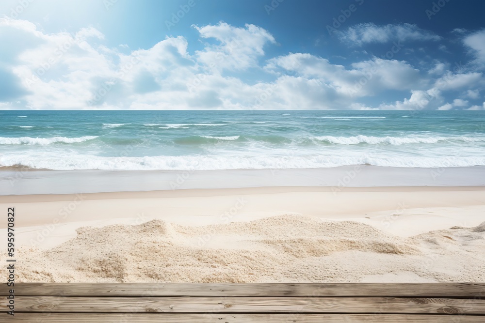 Sea sand beach background art with white wood panel from generative ai ...