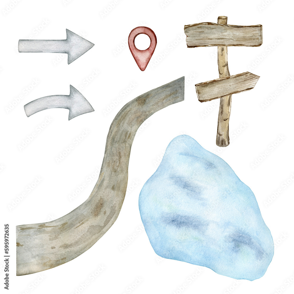 Set of elements for creating a travel map by car. Road, lake, road sign ...
