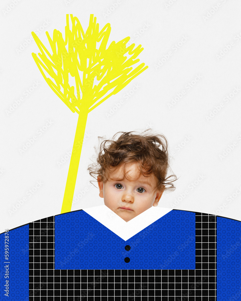 Contemporary art collage with one little boy wearing special uniform ...