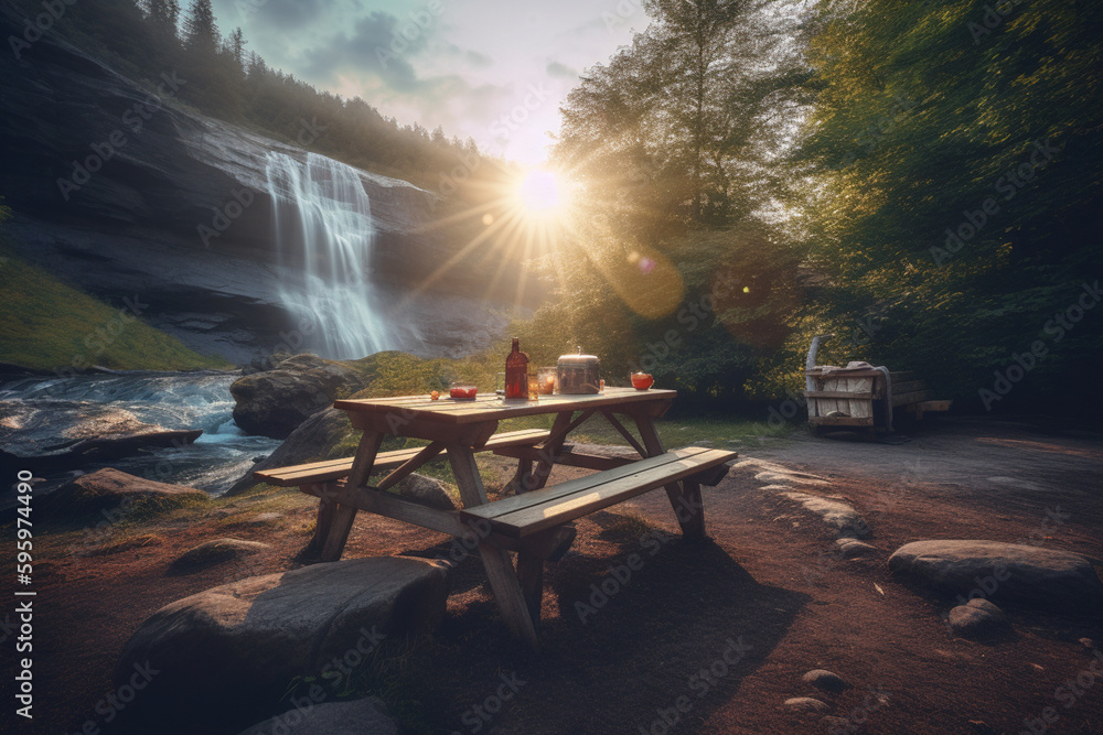 picnic table, tent, waterfall on the background of dawn. Created with ...