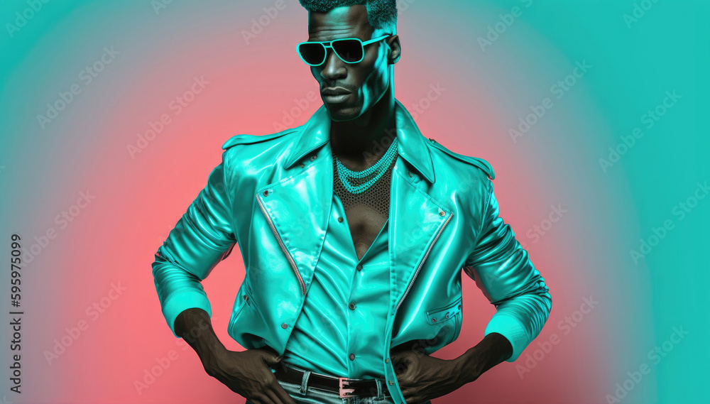 1980s vintage fashion portrait of a disco man. Black man in retro 80's ...