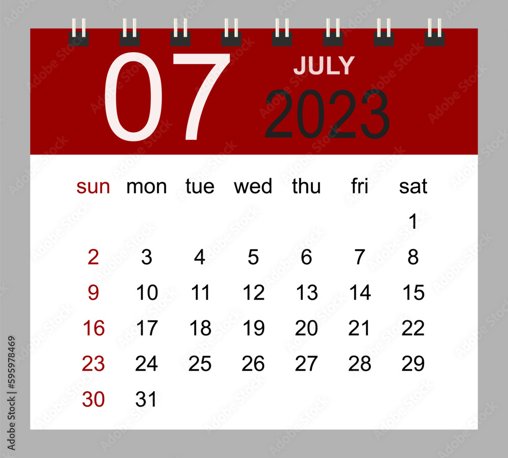 July 2023. Vector monthly calendar template 2023 year in simple style ...