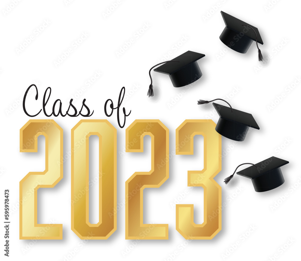 Elegant 2023 Graduation Banner. Caps are thrown into the air. Modern 3d ...