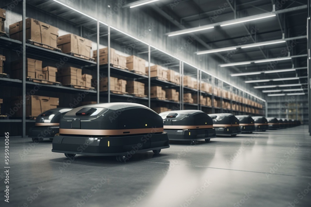 Automated shelf delivery robots in a modern logistics center. 3D ...