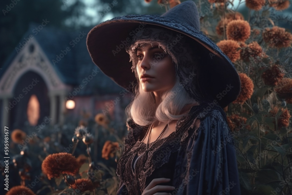 Beautiful witch in cone cap in Halloween evning in outdoor, created ...