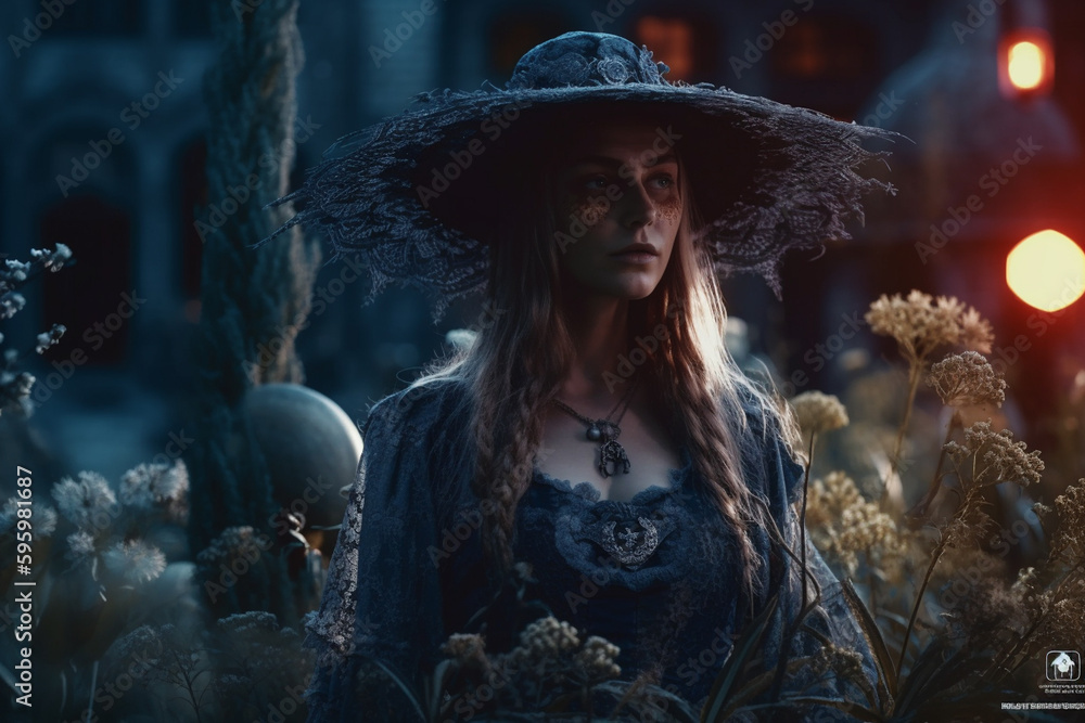 Beautiful witch in cone cap in Halloween evning in outdoor, created ...