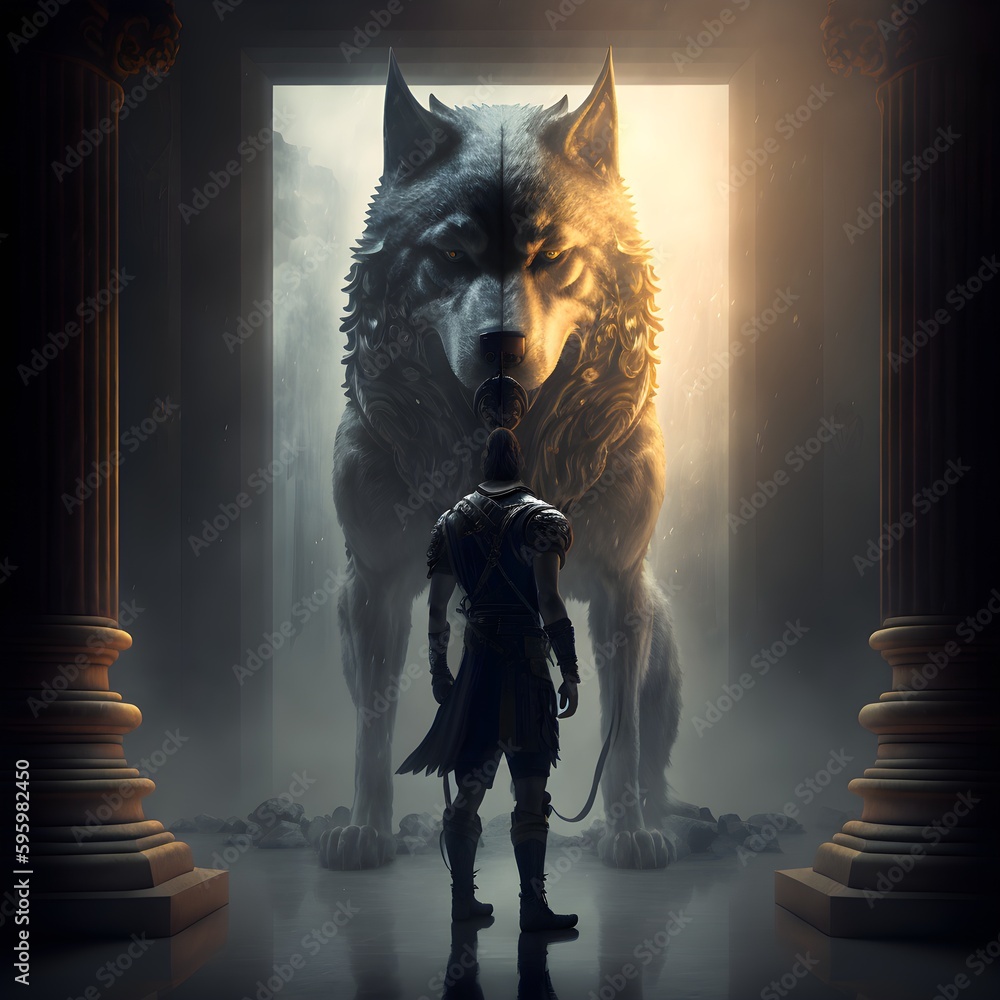 warrior standing before the mighty wolfgod Fenrir in a large room ...