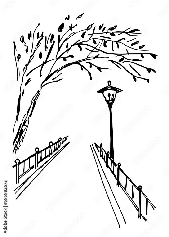 Simple black outline vector drawing. Alley in the park, fence, street ...