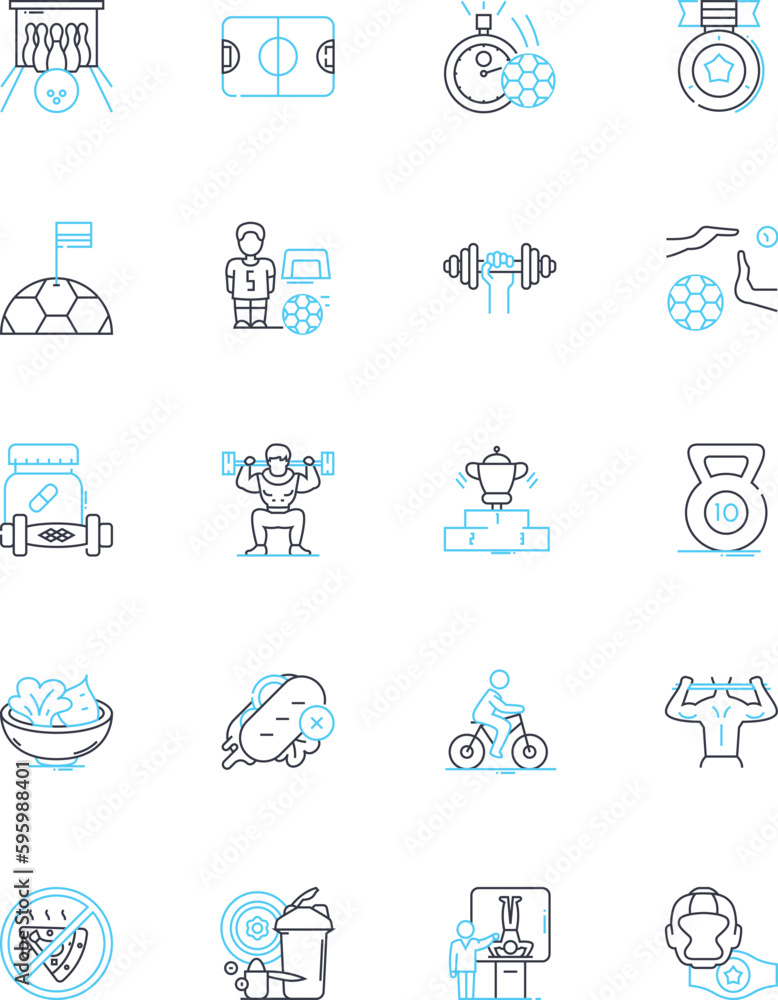 Rugby linear icons set. Tackle, Scrum, Ruck, Maul, Try, Conversion ...