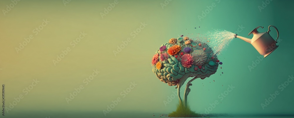 Human brain with flowers, tree, self care and mental health concept ...
