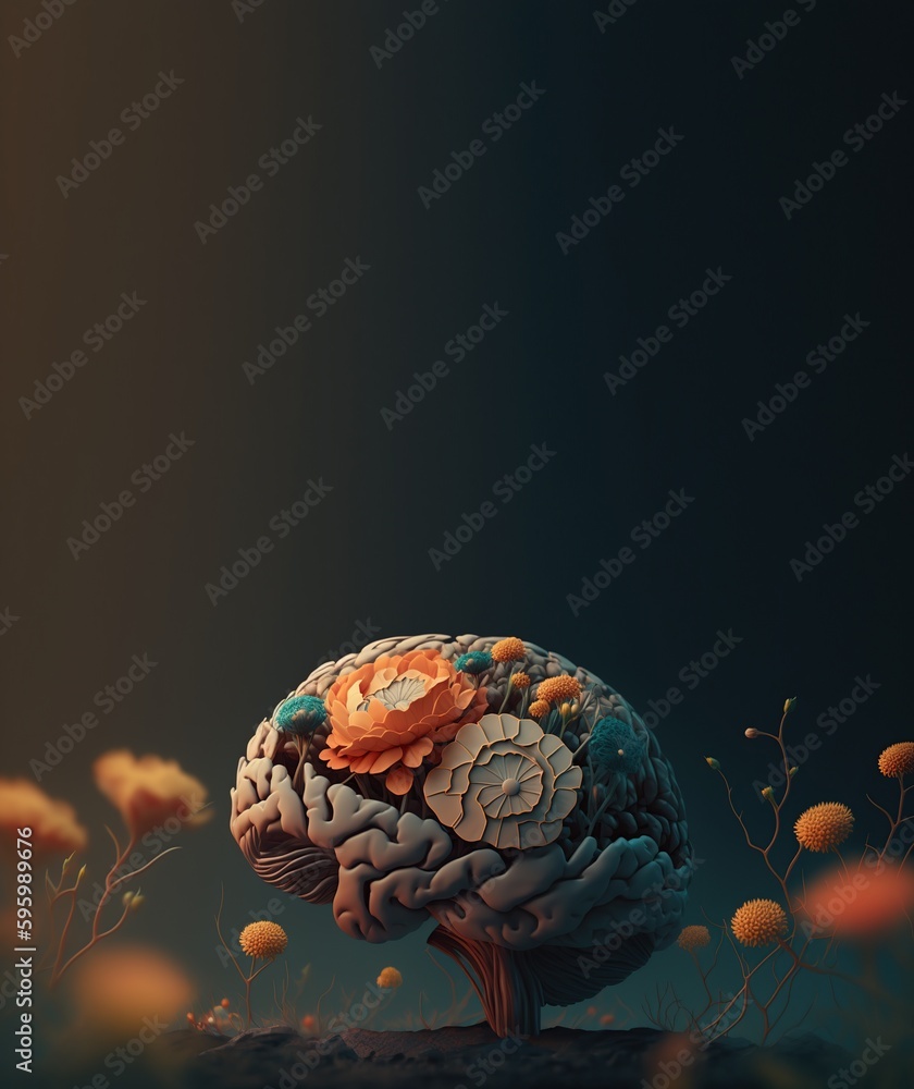 Human brain with flowers, tree, self care and mental health concept ...