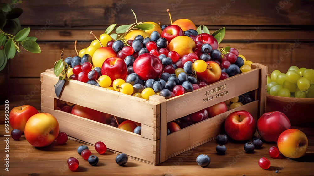 Composition of assorted raw healthy fresh fruits in a wooden crate ...