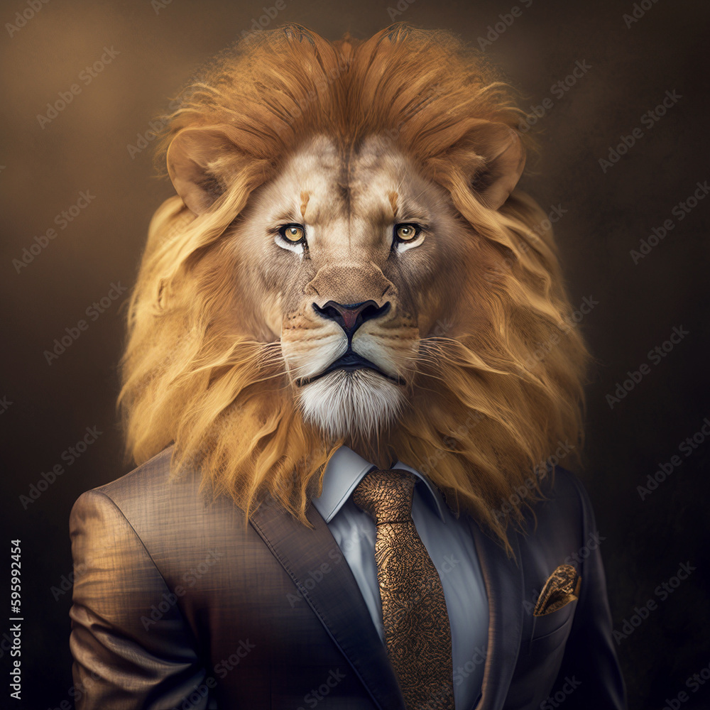 A muscular lion, rich and eccentric, donning a golden tailored suit ...