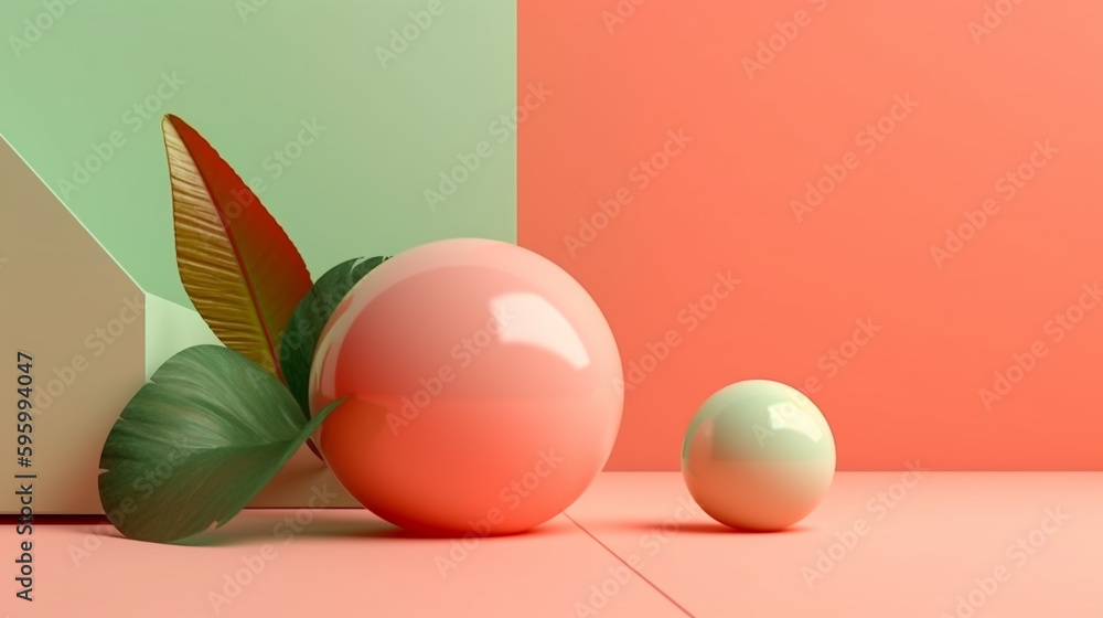 3D spheres on a green melon and peach pink color background. Image ...