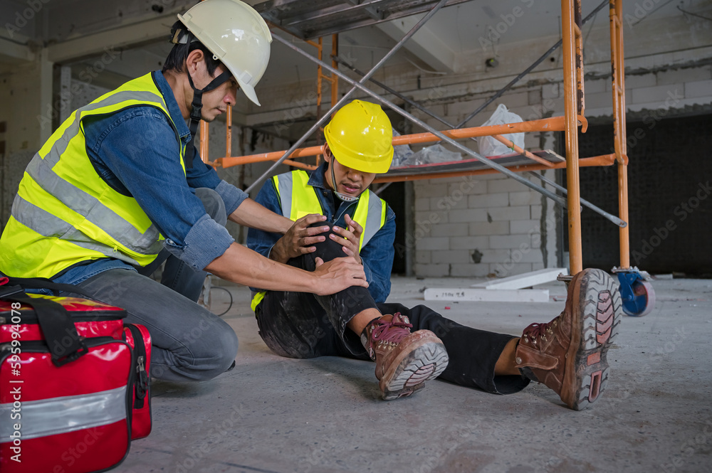Accident at construction site. Physical injury at work of construction ...