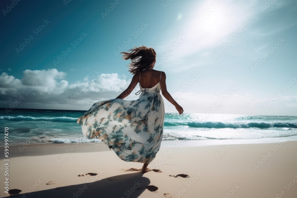 Woman from behind dance pose on a dress on the tropical beach on sunny ...